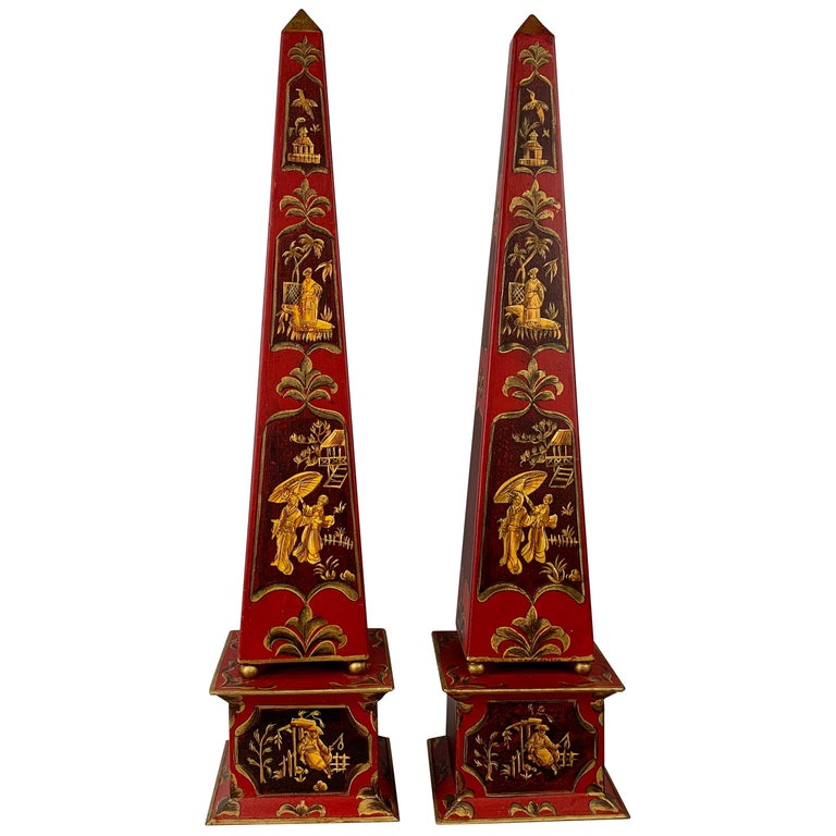 Hand Painted Red Tôle Chinoiserie Obelisks, 22.25" Tall-A Pair at 1stDibs