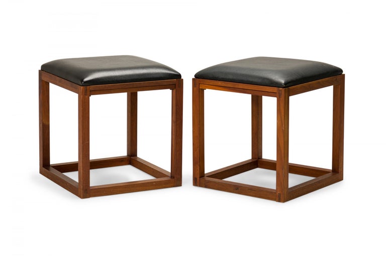 Pair of Tony Paul Black Leather Upholstered Wooden Cube Stool with ...