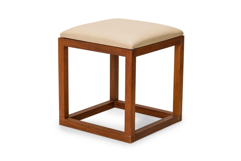 Pair of Tony Paul Gray Leather Upholstered Wooden Cube Stool with Slide ...