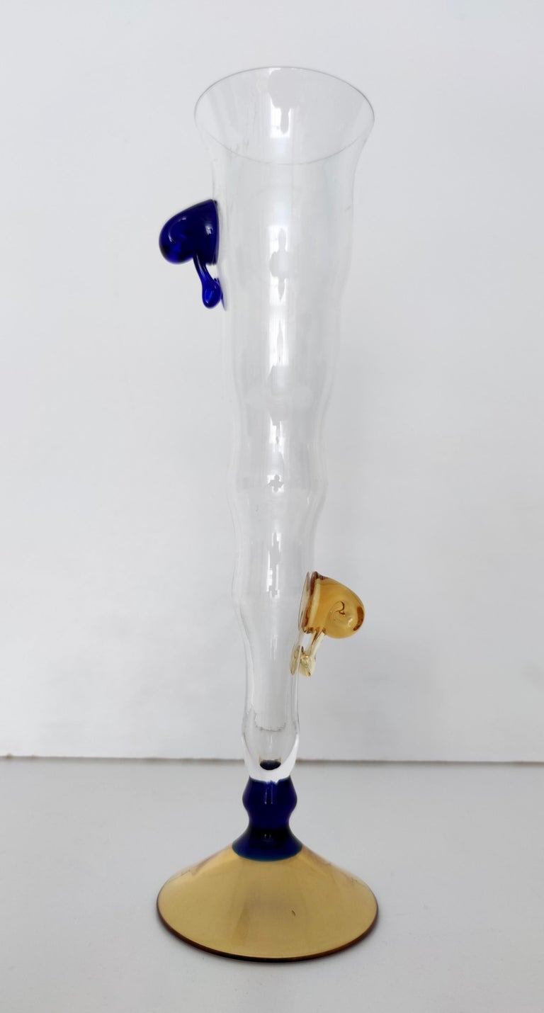 Pair of Transparent Murano Glass Flutes with Colored Details, Italy ...