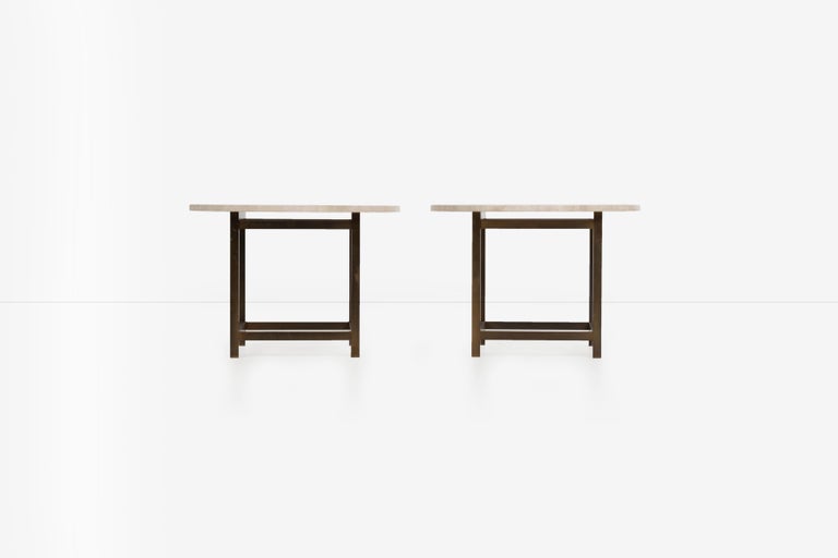 Pair of Travertine and Bronze Laverne Style End Tables at 1stDibs