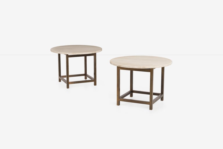 Pair of Travertine and Bronze Laverne Style End Tables at 1stDibs