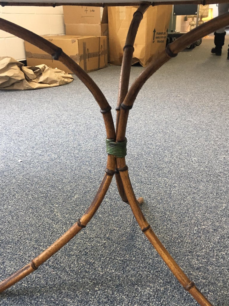 Pair of Travertine Top Bamboo Tripod Base Tables For Sale at 1stdibs