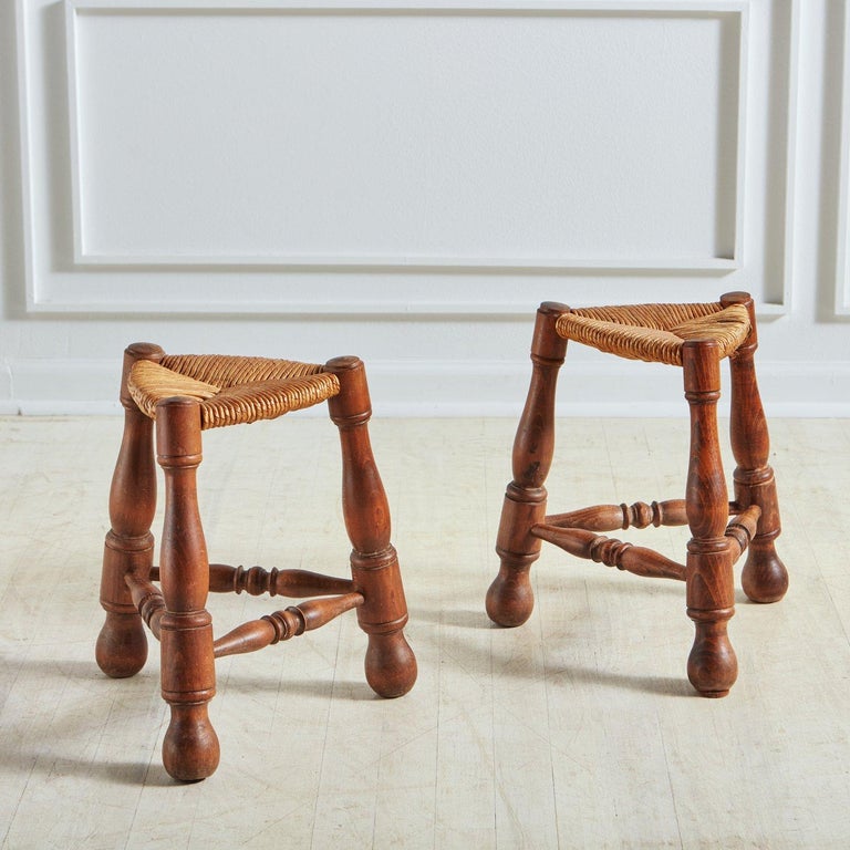 Pair of Triangular Rush + Wood Stools, France 20th Century For Sale at ...