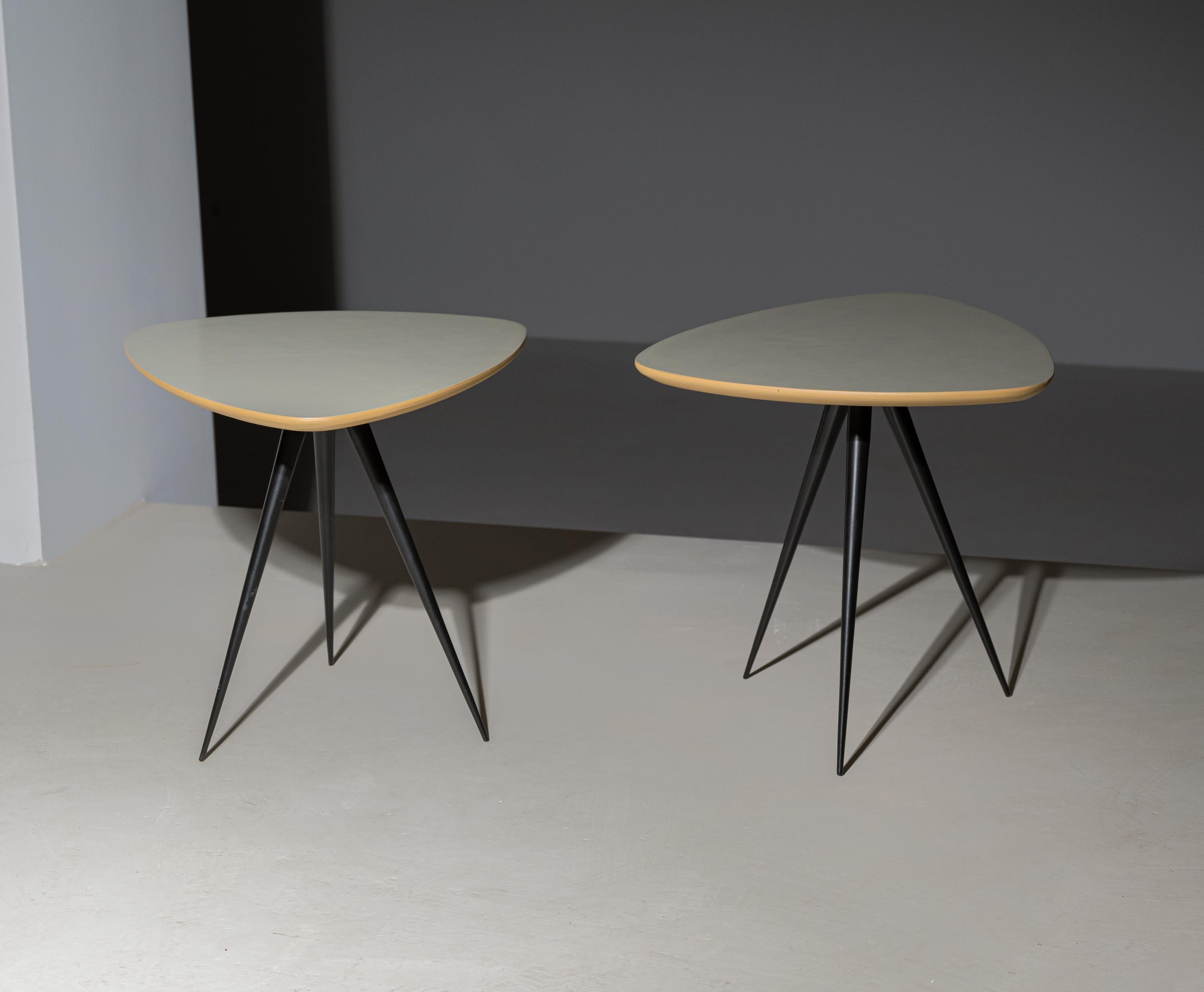 Pair of Triangular Wooden Tables with Iron Spiked Legs, Italy, 1950s at ...