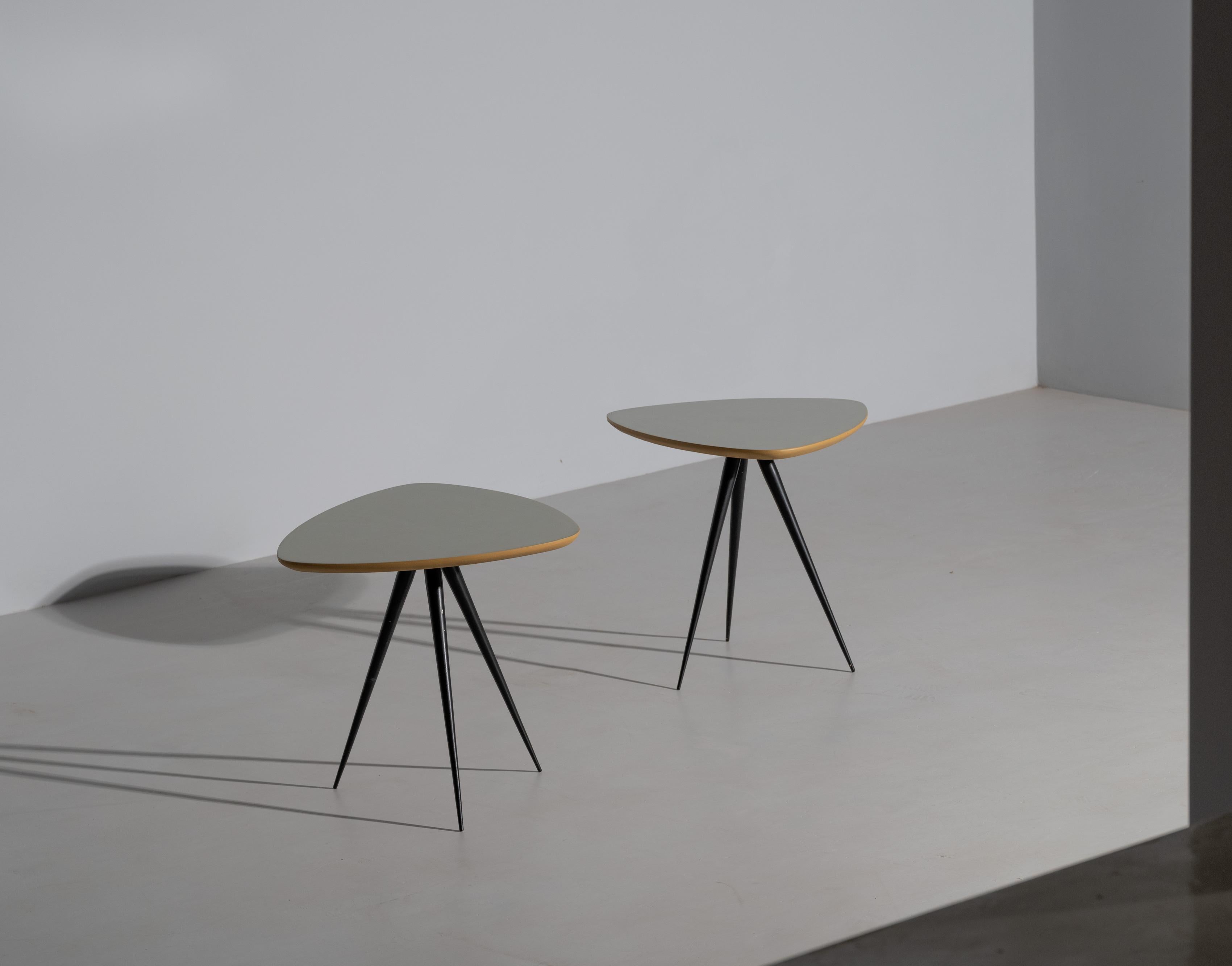 Pair of Triangular Wooden Tables with Iron Spiked Legs, Italy, 1950s at ...