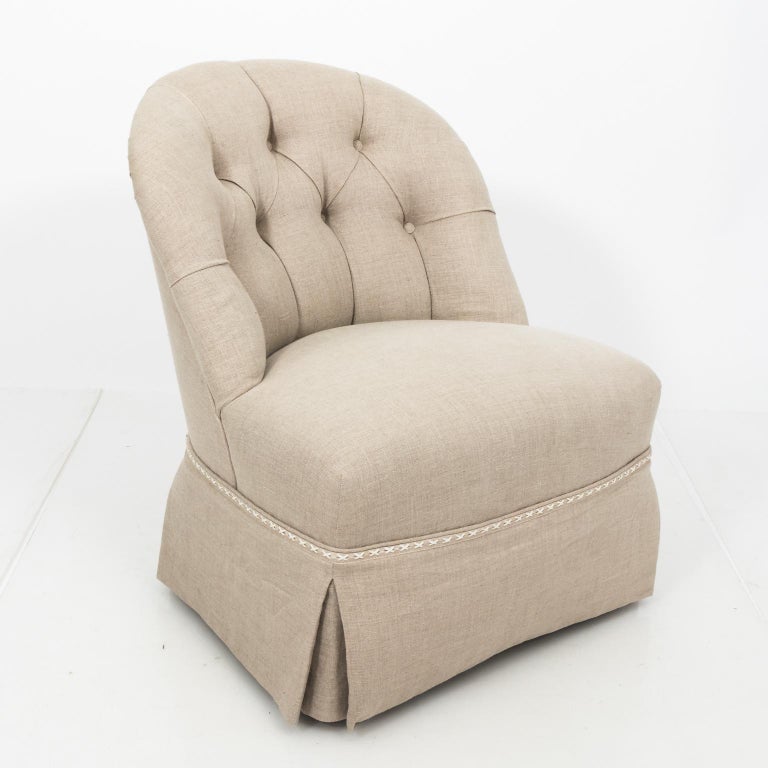 Pair of Tufted Linen Slipper Chairs at 1stDibs