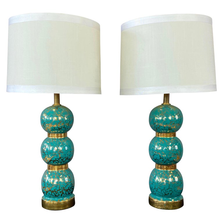 Pair of Turquoise and Gold Ceramic Stacked Ball Table Lamps, 1950s For ...