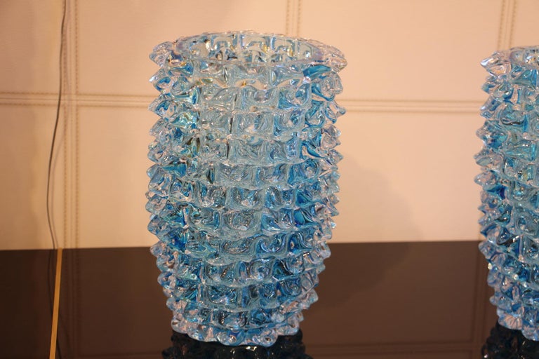 Pair of Turquoise Blue Vase in Murano Glass with Spikes Decor, Barovier ...