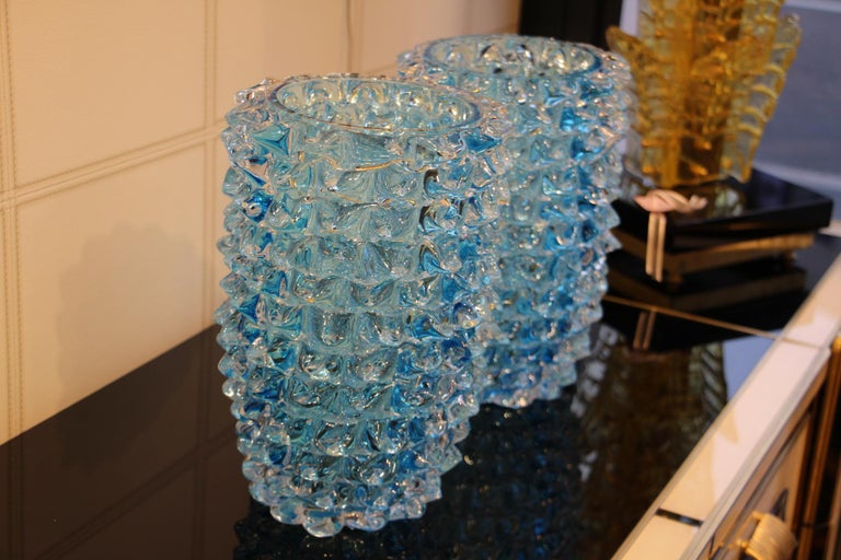Pair of Turquoise Blue Vase in Murano Glass with Spikes Decor, Barovier ...