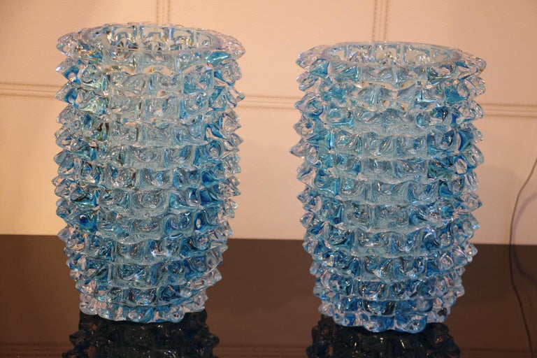 Pair of Turquoise Blue Vase in Murano Glass with Spikes Decor, Barovier ...