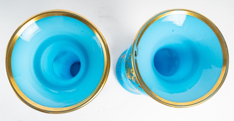 Pair of Turquoise Opaline Vases Enameled Gold For Sale at 1stDibs