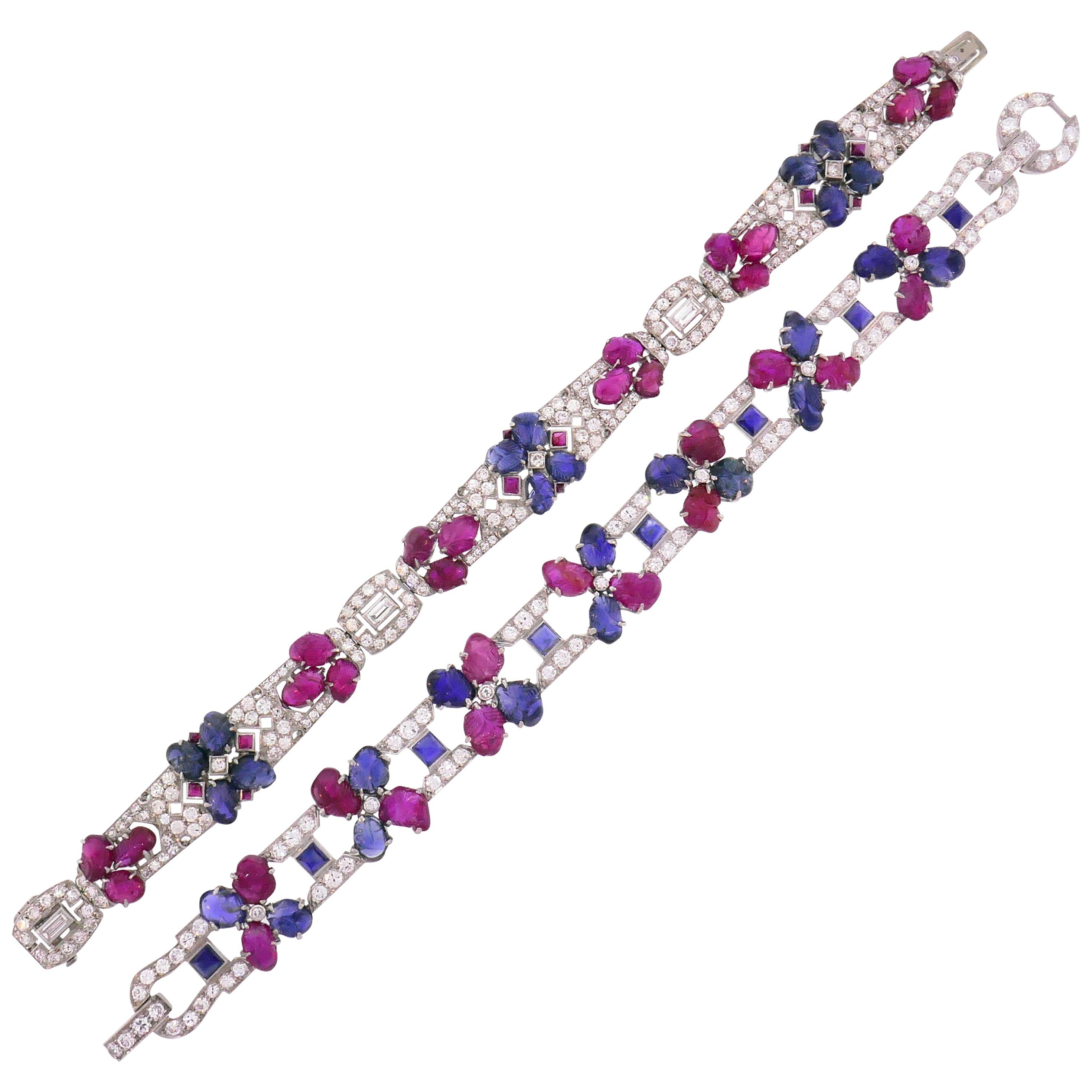 Pair of Tutti Frutti Platinum Bracelets with Sapphire Ruby Diamond Art ...