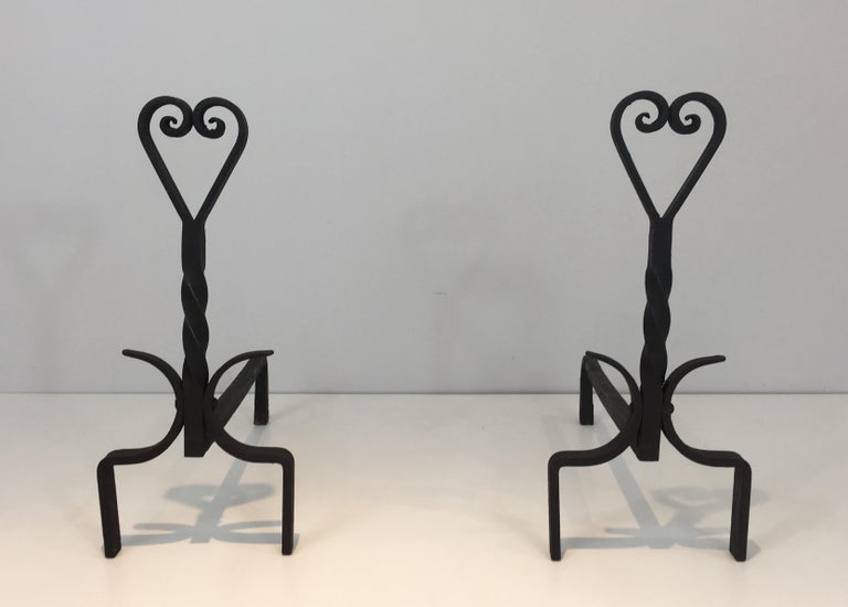 Pair of Twisted Wrought Iron Andirons, French, circa 1940 at 1stDibs