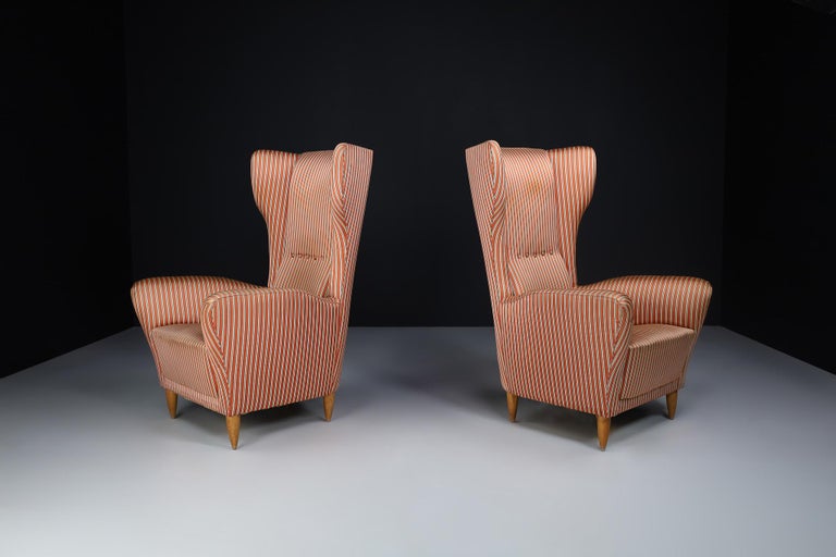 Pair of Two High Back Lounge Chairs in Original Fabric, Italy 1940s For ...