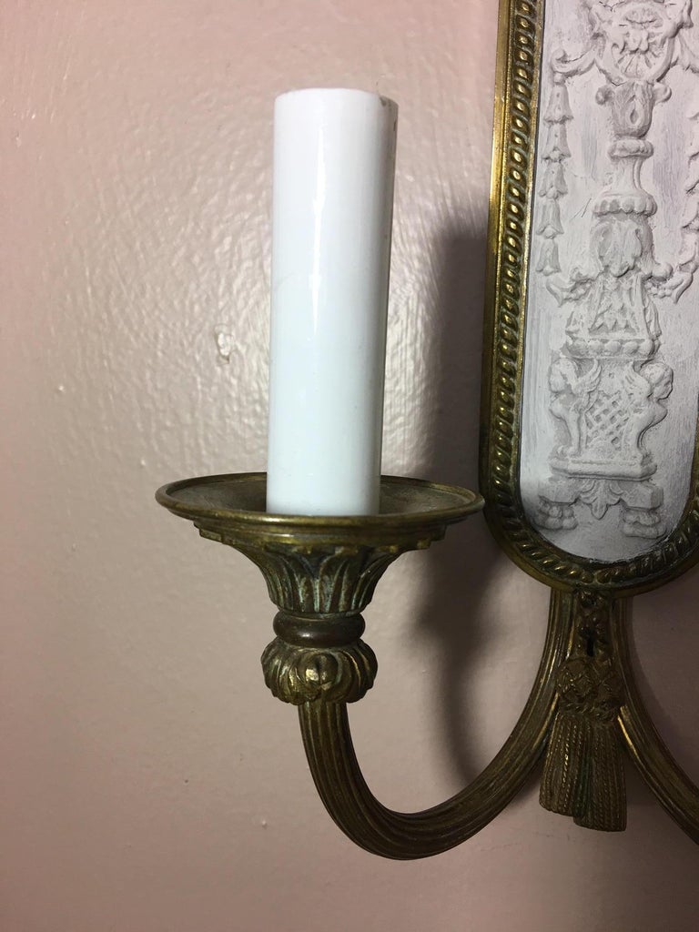 Pair of Two-Light Brass Ribbon Top Sconces with Painted Back, 20th ...