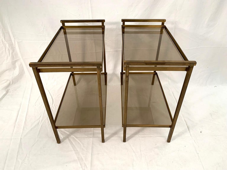 Pair of Two-Tier Rectangular Brass and Smoked Glass End Tables For Sale ...