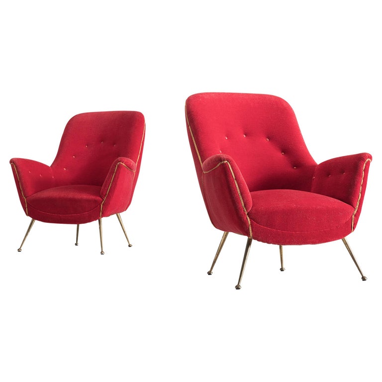 Italian Pair of Easy Chairs in Red Velvet and Brass For Sale at 1stDibs