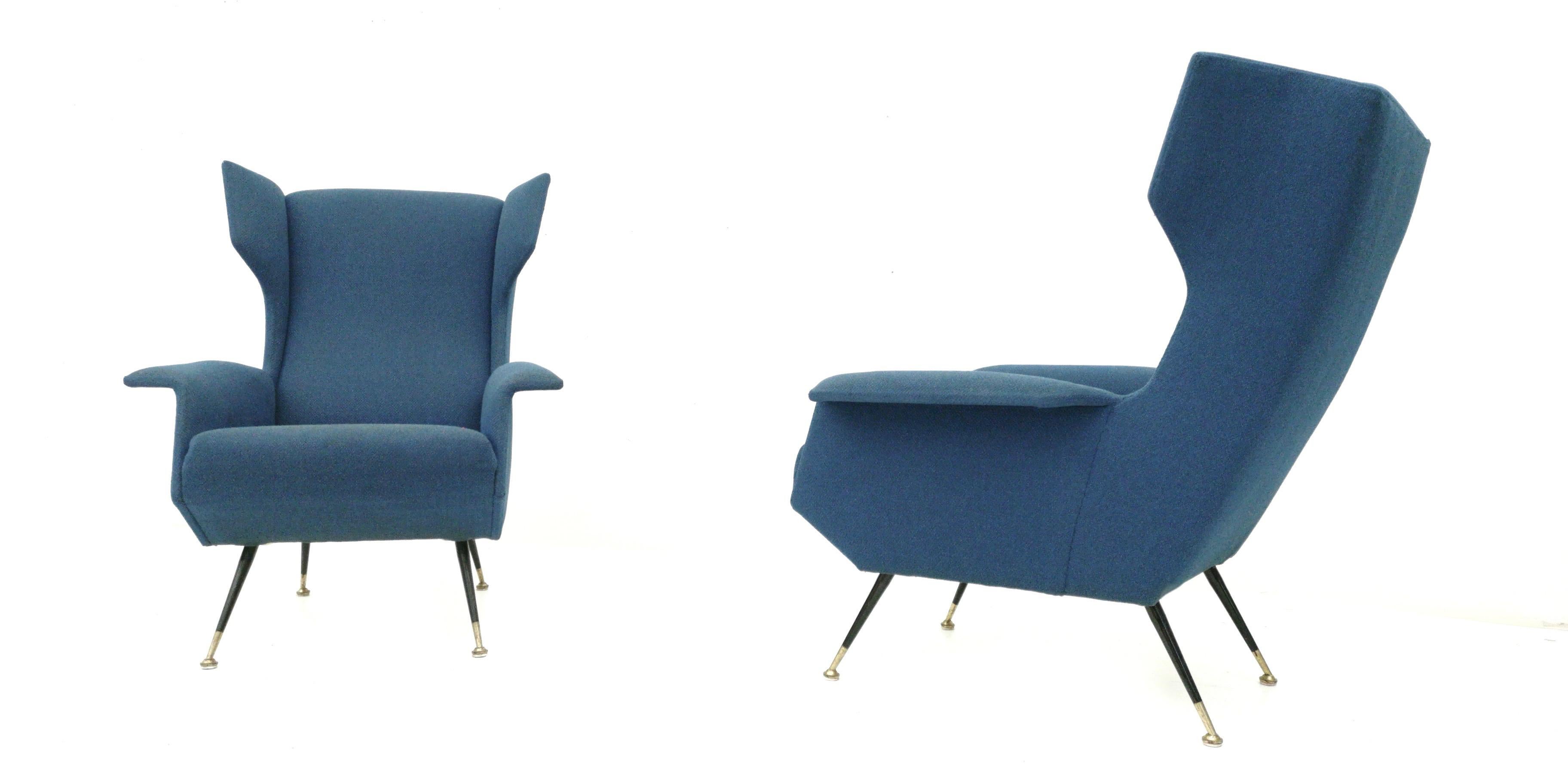 Pair of Ultramarine Blue Fabric Armchairs with Varnished Metal Legs ...
