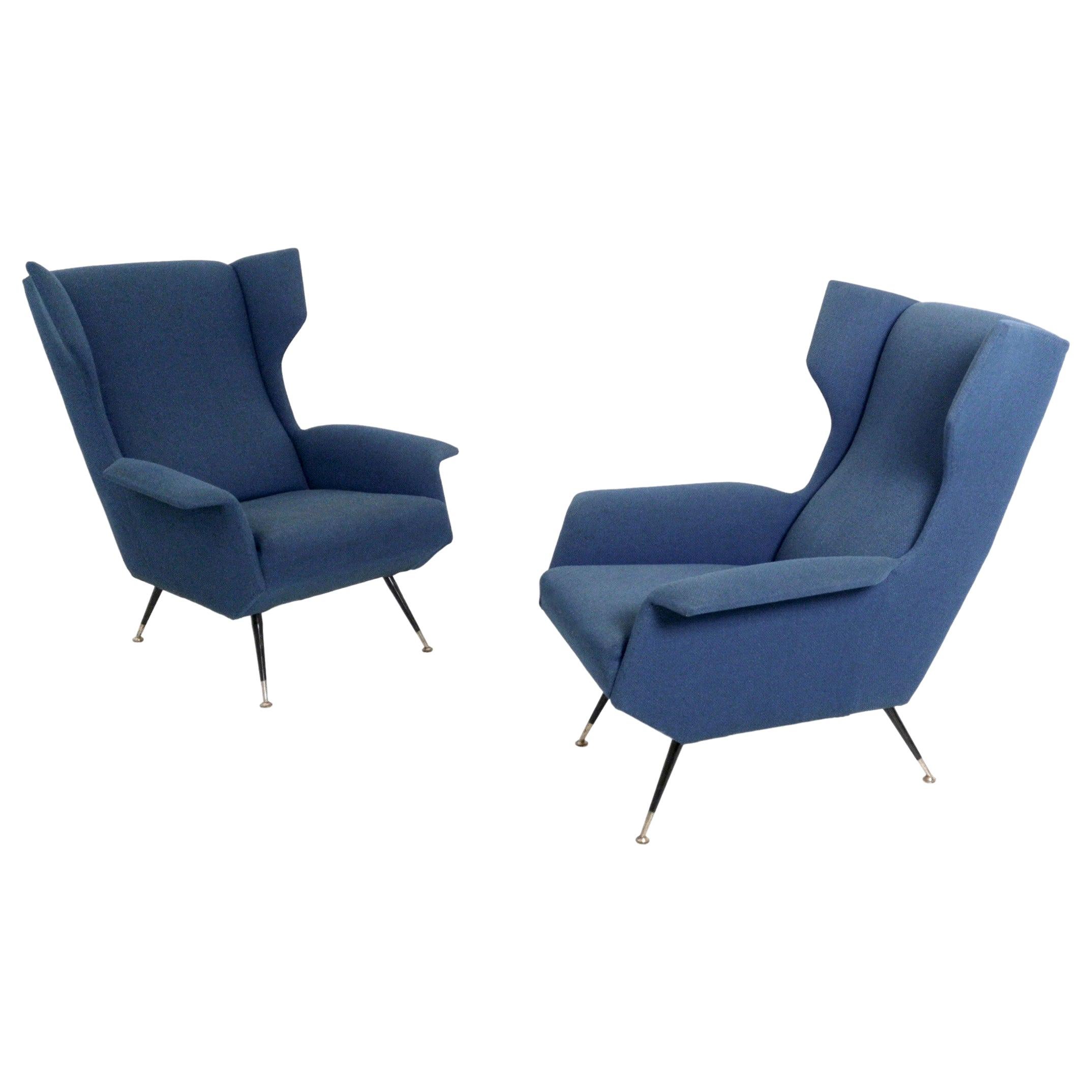 Pair of Ultramarine Blue Fabric Armchairs with Varnished Metal Legs ...