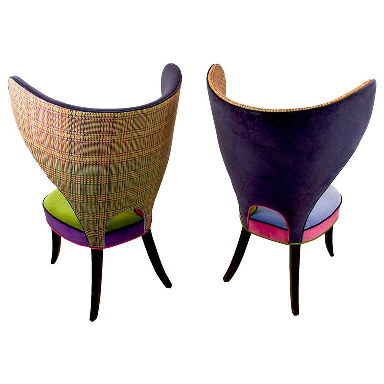 Pair of Unique Multi-Fabric Colorful Upholstered Modern Wing Chairs at ...