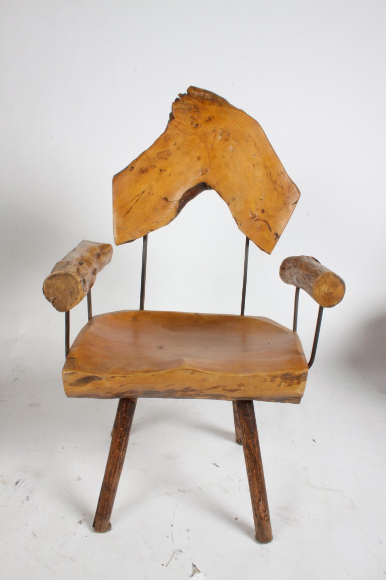 Pair of Unique Organic / Rustic Midcentury Log Chairs with Side Table ...