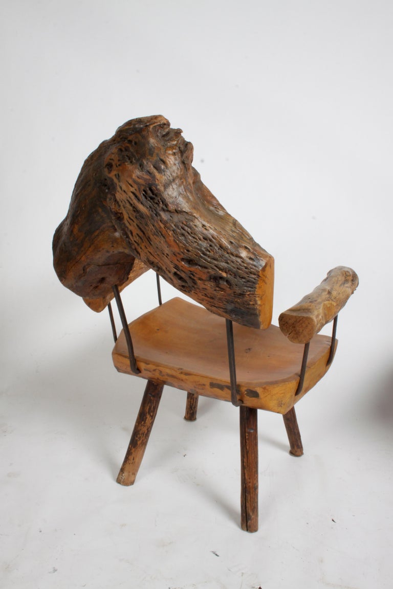 Pair of Unique Organic / Rustic Midcentury Log Chairs with Side Table ...