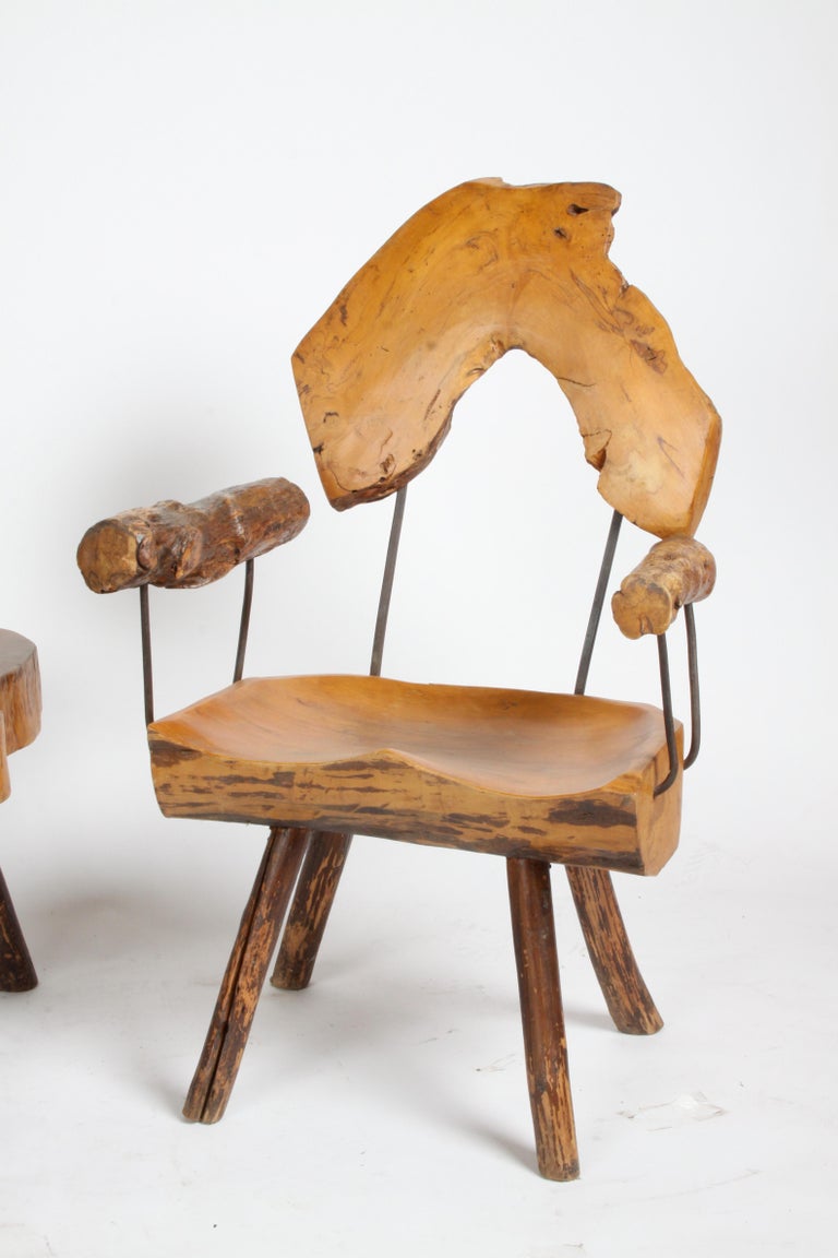 Pair of Unique Organic / Rustic Midcentury Log Chairs with Side Table ...