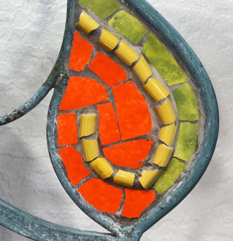 Pair of Uniquely Artful Painted Iron and Inlaid Ceramic Mosaic ...