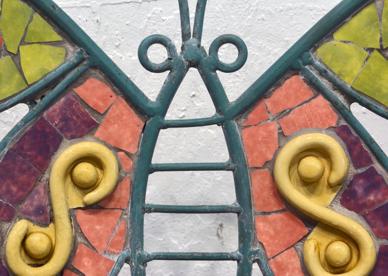 Pair of Uniquely Artful Painted Iron and Inlaid Ceramic Mosaic ...