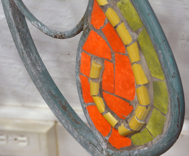 Pair of Uniquely Artful Painted Iron and Inlaid Ceramic Mosaic ...