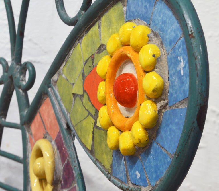 Pair of Uniquely Artful Painted Iron and Inlaid Ceramic Mosaic ...