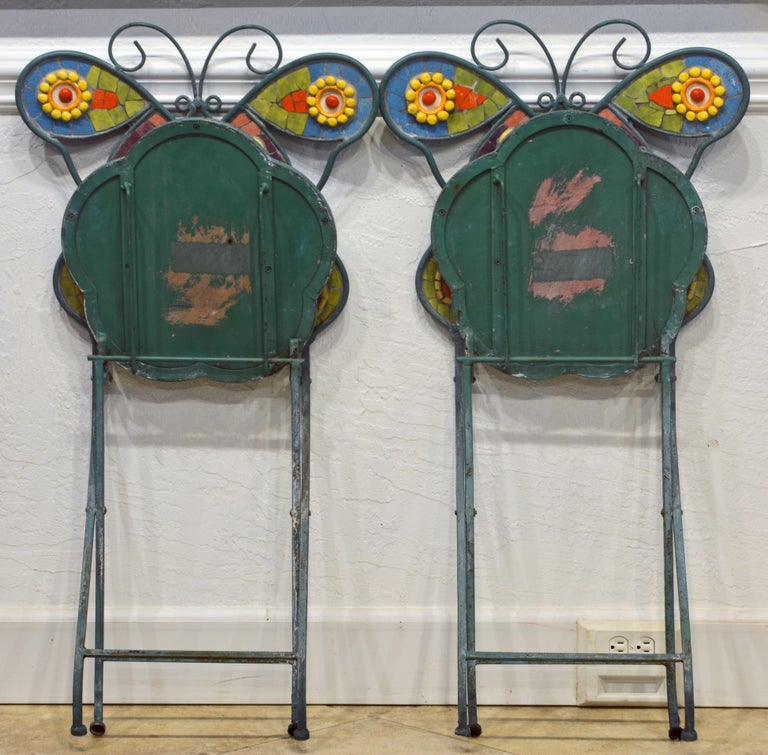 Pair of Uniquely Artful Painted Iron and Inlaid Ceramic Mosaic ...