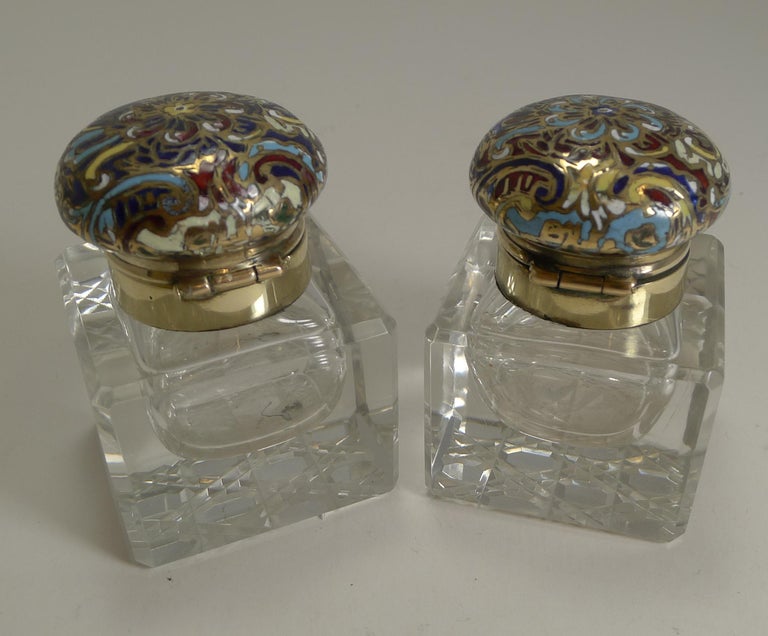 Pair of Unusual Antique English Inkwells, Cloisonné, Enamel, circa 1870 ...