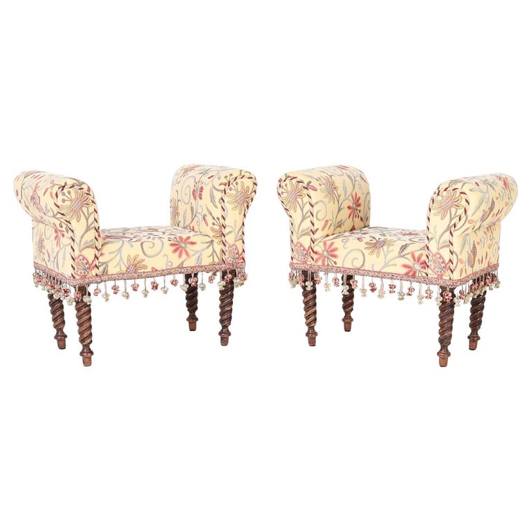 Pair of Upholstered Benches with Arms For Sale at 1stDibs