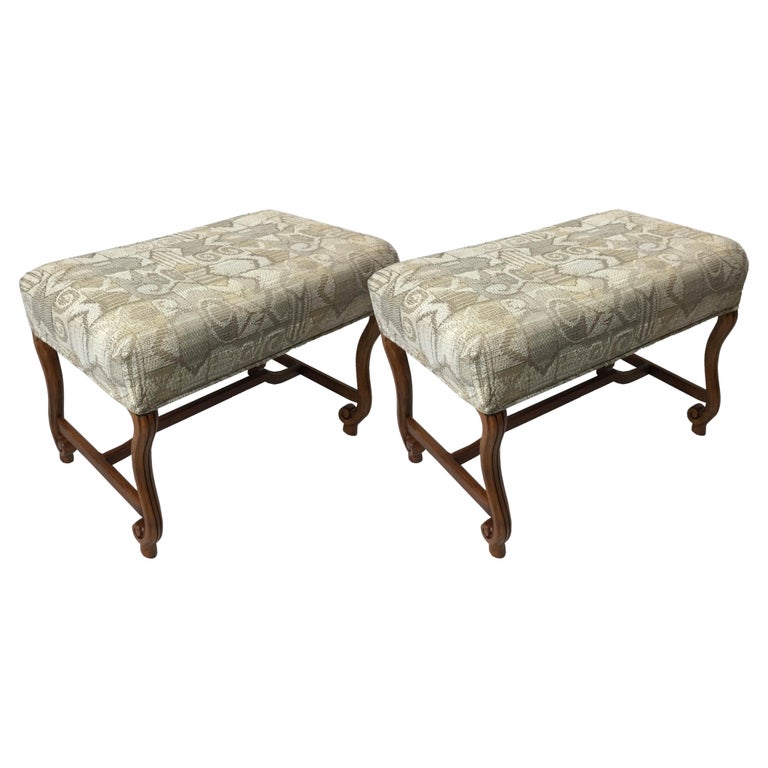 Pair of Upholstered Benches with Scroll Legs For Sale at 1stDibs