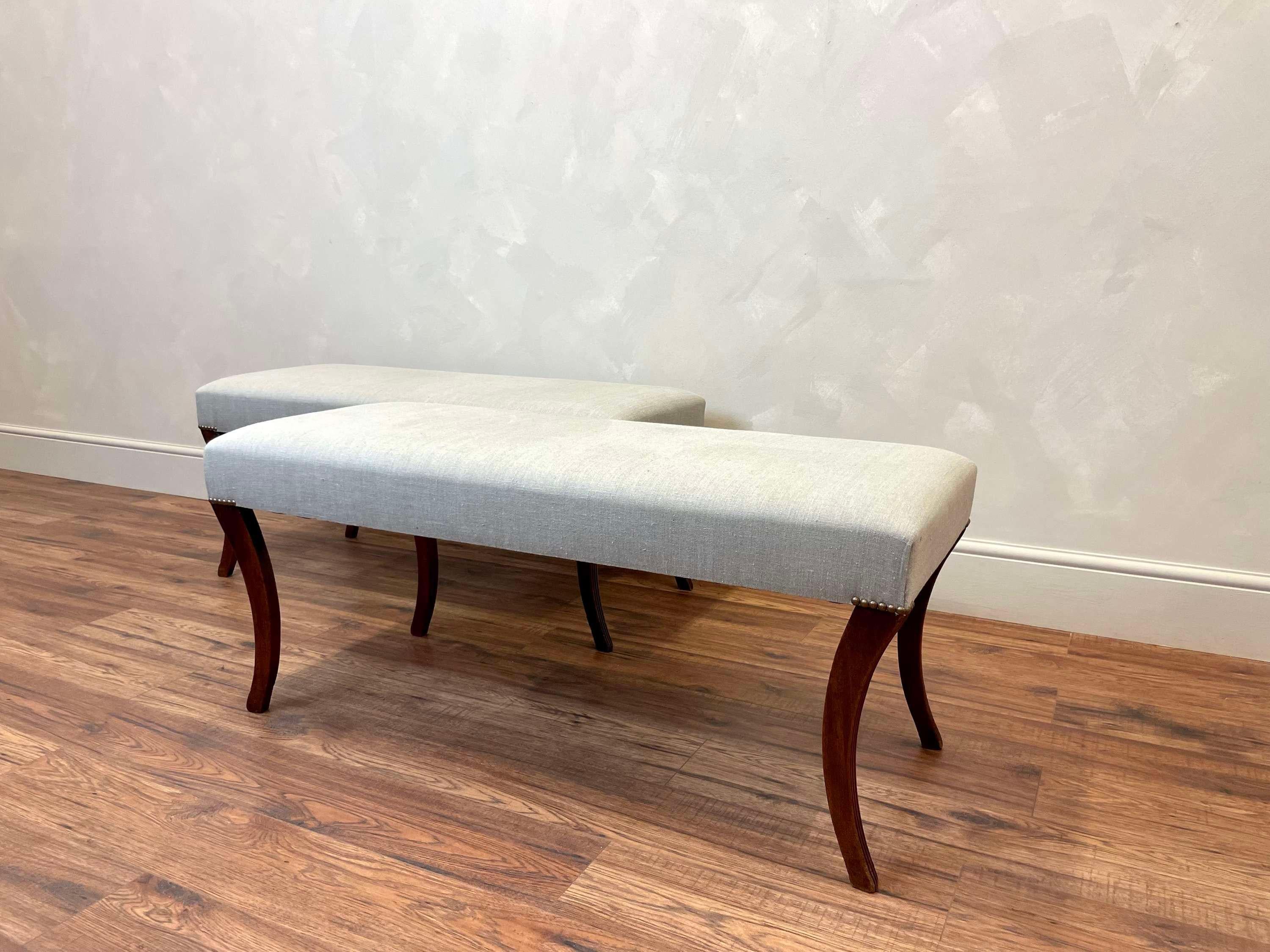 Pair of Upholstered English Sabre Leg Benches / Footstools For Sale at ...