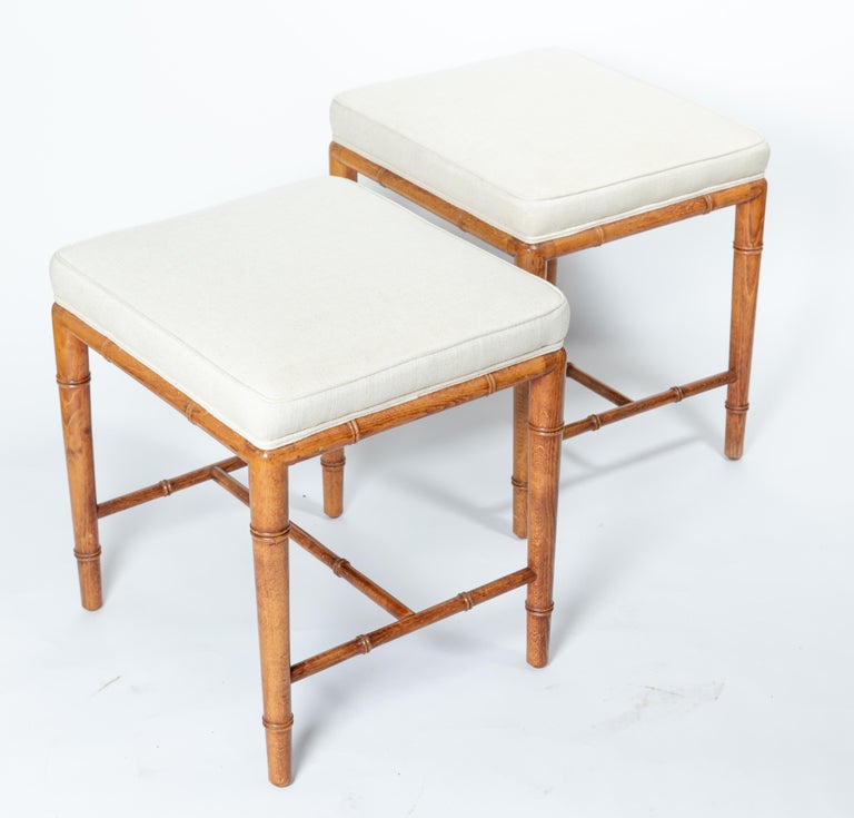 Pair of Upholstered Square Stools with Stylized Bamboo Wood Bases at ...