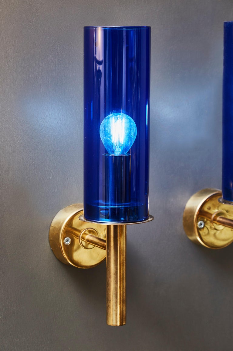 Pair of V-169 Wall Sconces by Hans Agne Jakobsson with Blue Glass For ...