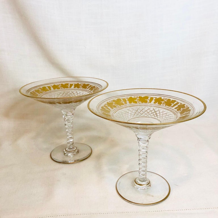 Pair of Val St Lambert Cut Crystal Compotes with Decoration of Gilded ...