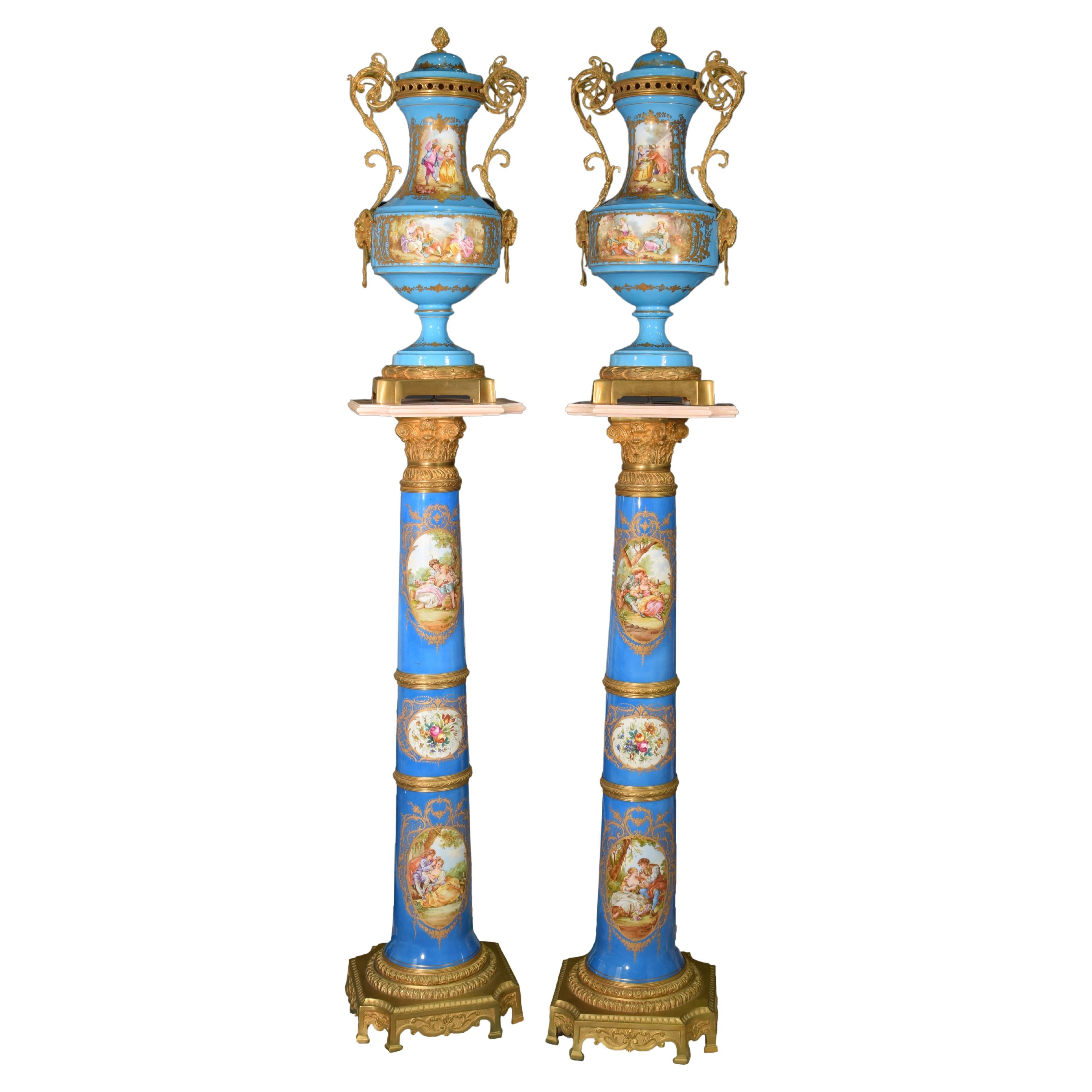 Important Pair of Napoleon III Blue Sèvres Vases, 19th Century at 1stDibs