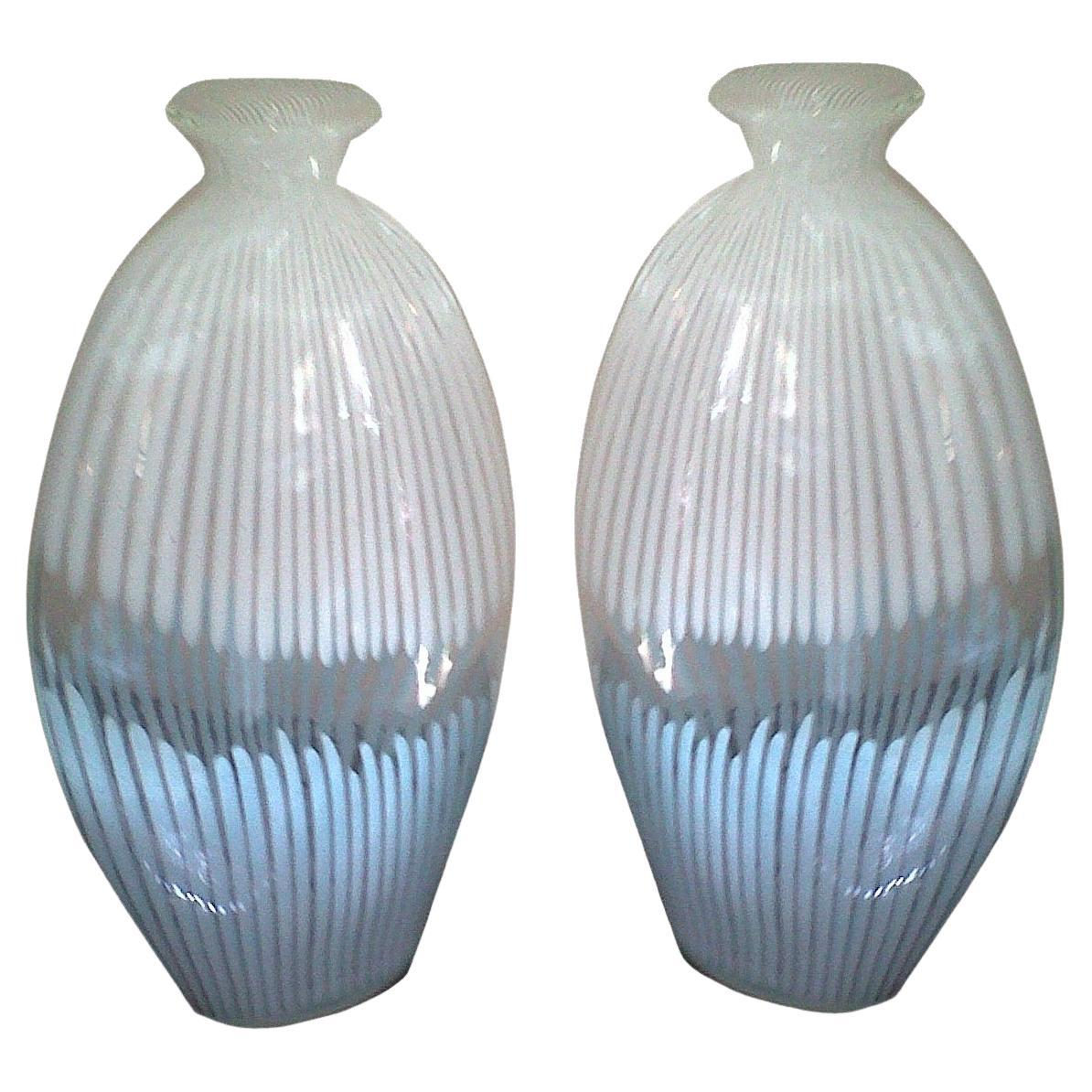 Pair of Vases in Murano green and white color, 1970, Italian For Sale ...