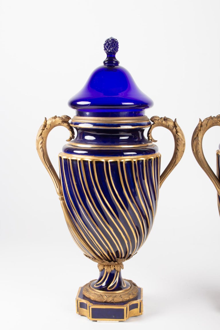 Pair of Vases Sèvres, Mounts Anses and Gilt Bronze, Sèvres Blue Crystal ...