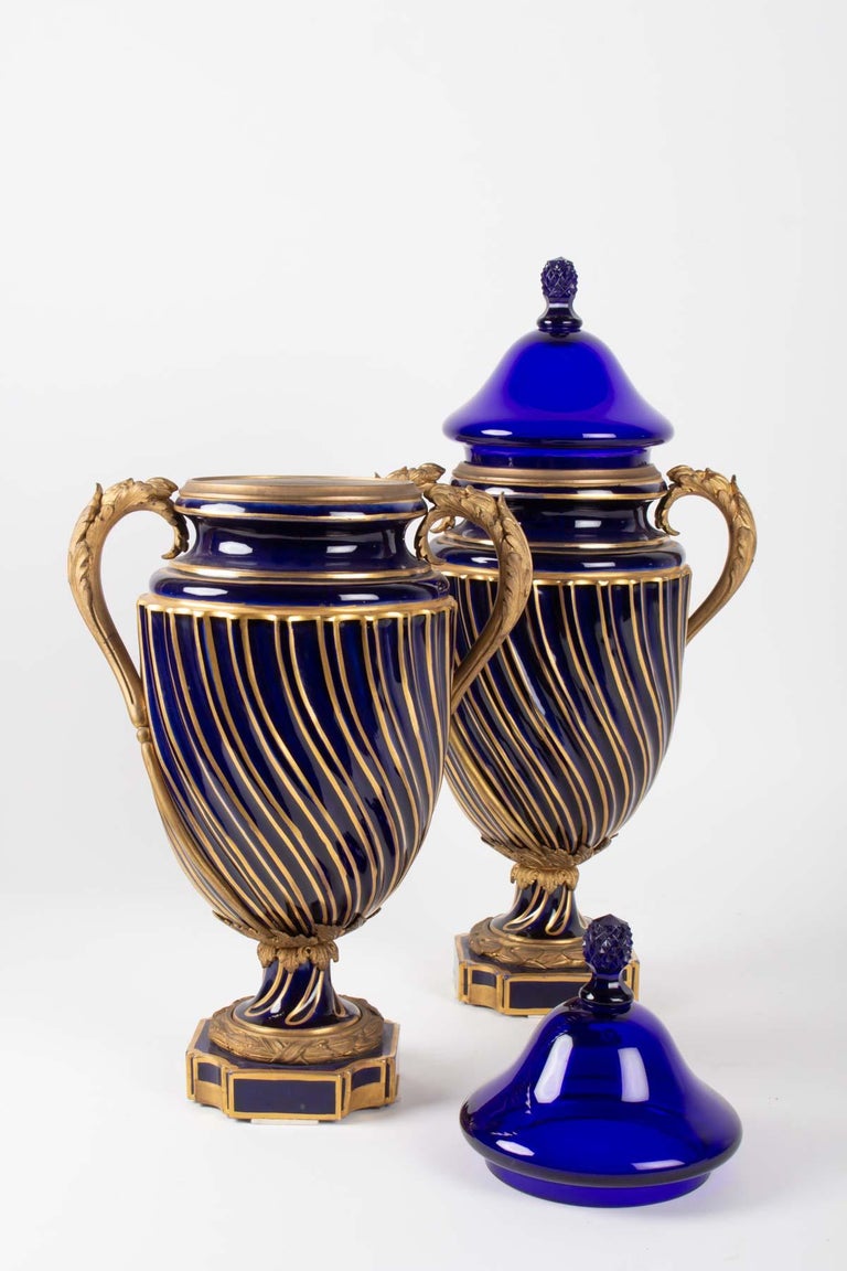 Pair of Vases Sèvres, Mounts Anses and Gilt Bronze, Sèvres Blue Crystal ...