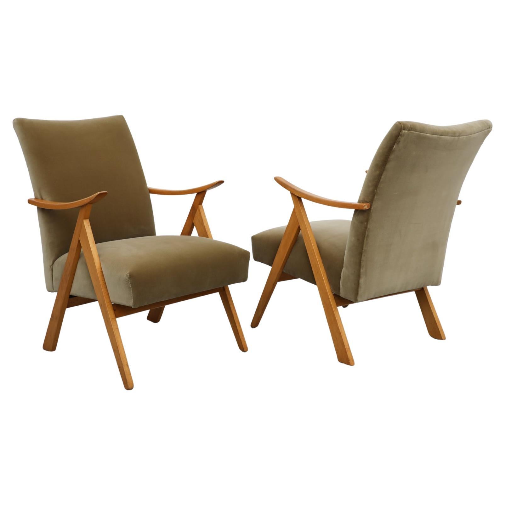 Pair of Velvet Upholstered Midcentury Dutch Lounge Chairs For Sale at ...