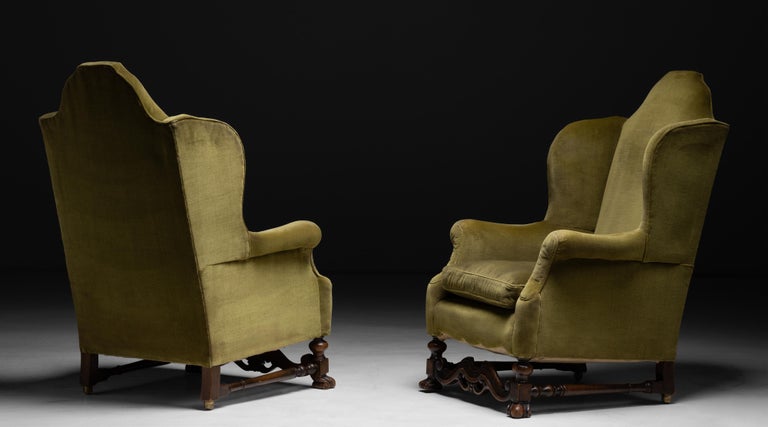 Pair of Velvet Wingback Chairs, England, circa 1900 For Sale at 1stDibs