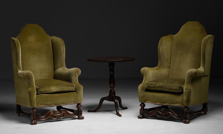 Pair of Velvet Wingback Chairs, England, circa 1900 For Sale at 1stDibs