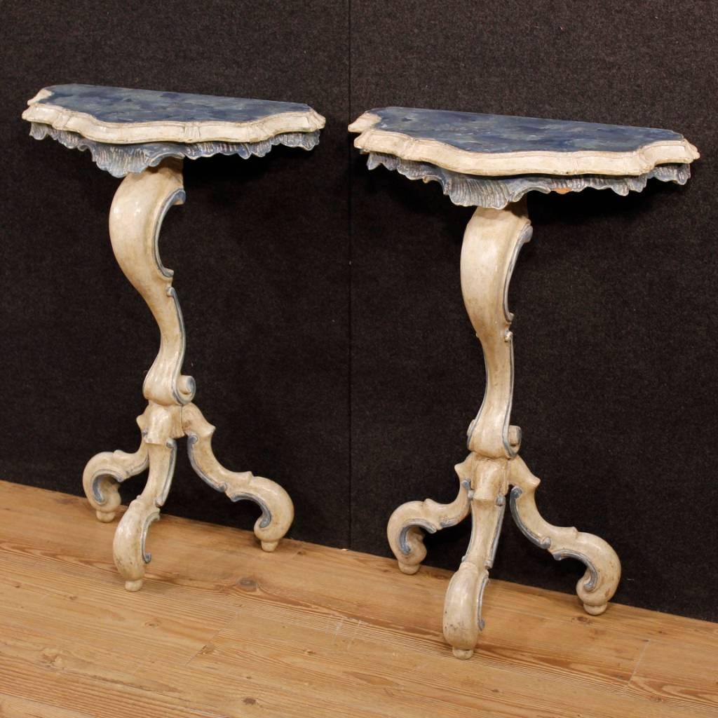 Pair of Venetian Console Tables in Lacquered and Painted Wood from 20th ...