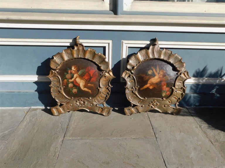 Pair of Venetian Gilt Wood and Gesso Oil on Board Cherub Foliate ...