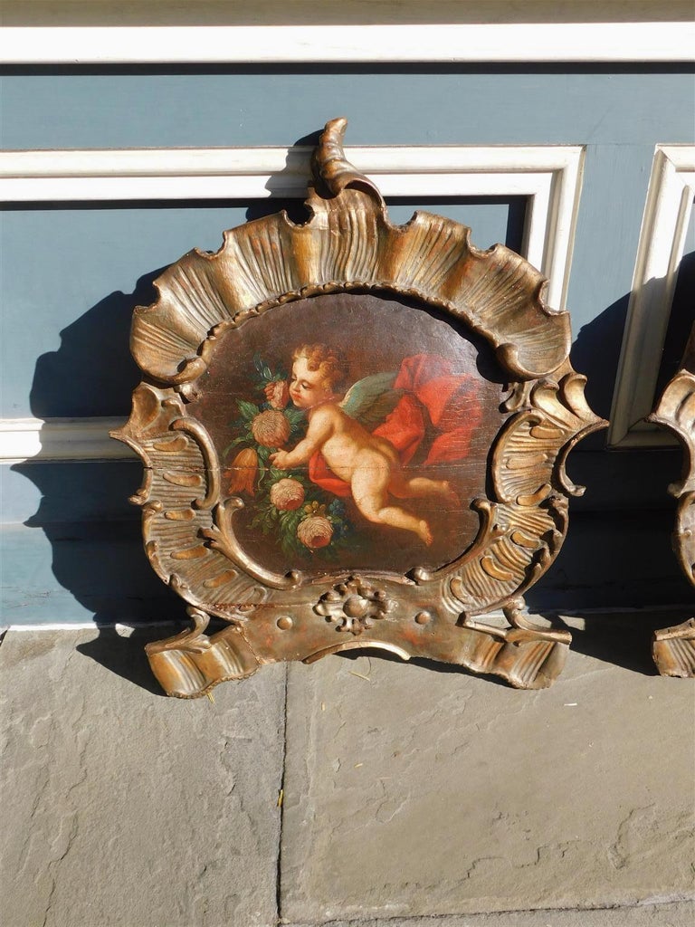 Pair of Venetian Gilt Wood and Gesso Oil on Board Cherub Foliate ...